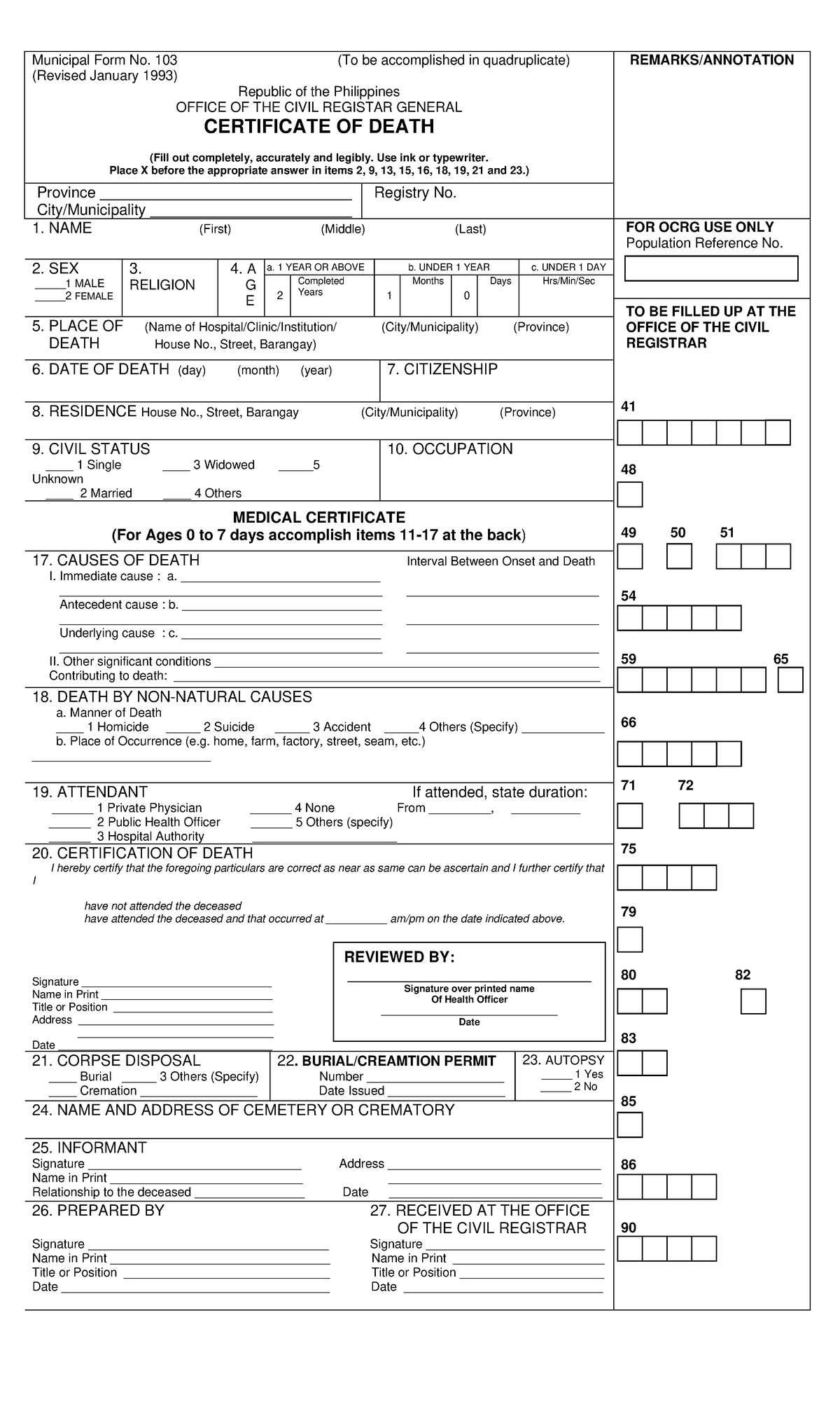 Certificate of Death (COD) - Municipal Form No. 103 (To be accomplished ...