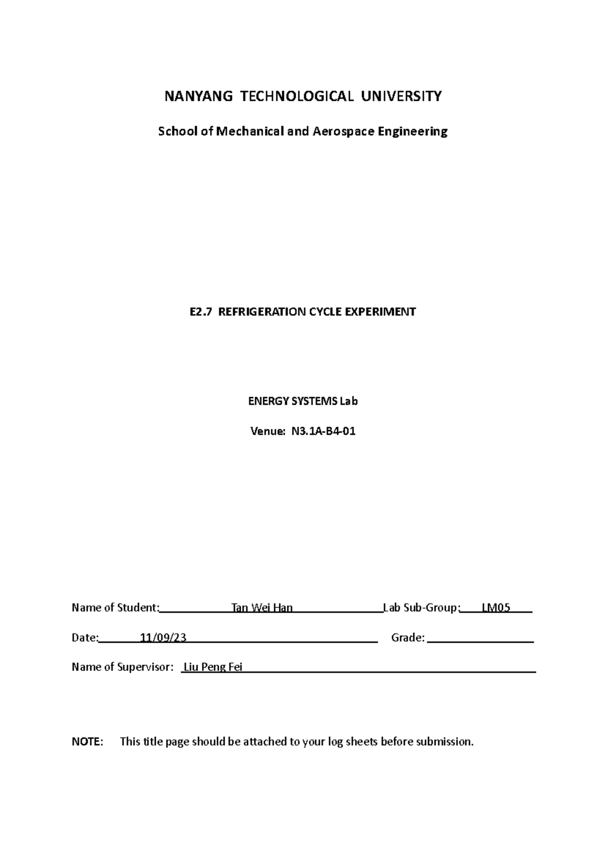 E2.7 Refrigeration cycle expt - NANYANG TECHNOLOGICAL UNIVERSITY School ...