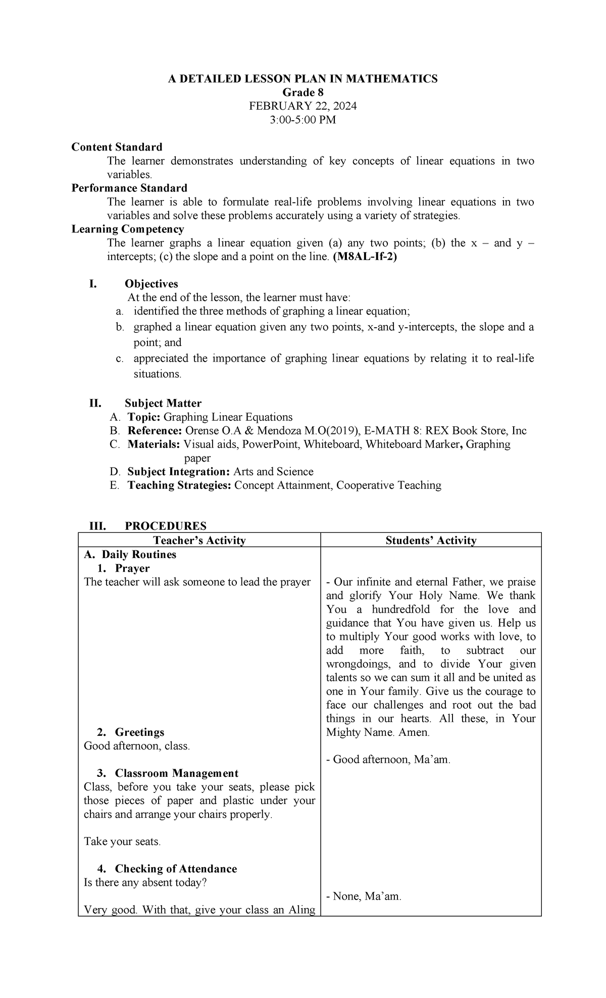 A Detailed Lesson PLAN IN Mathematics - A DETAILED LESSON PLAN IN ...