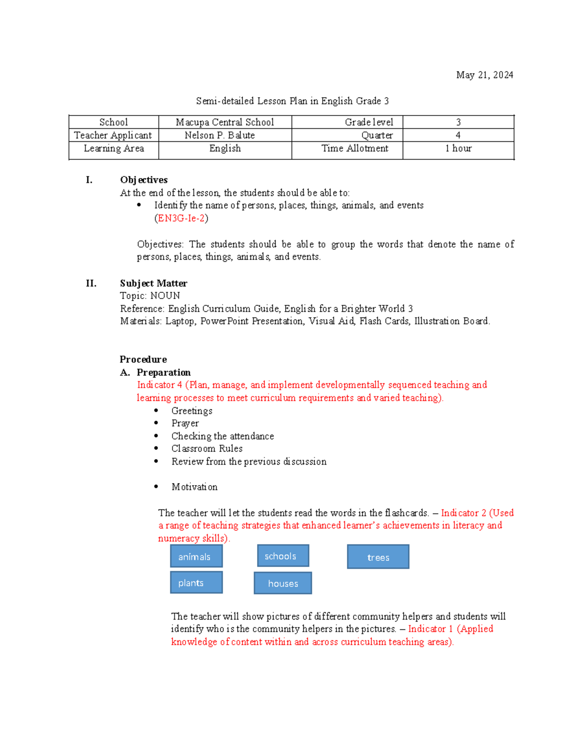 Nouns Lesson Plan - N/A - May 21, 2024 Semi-detailed Lesson Plan in ...