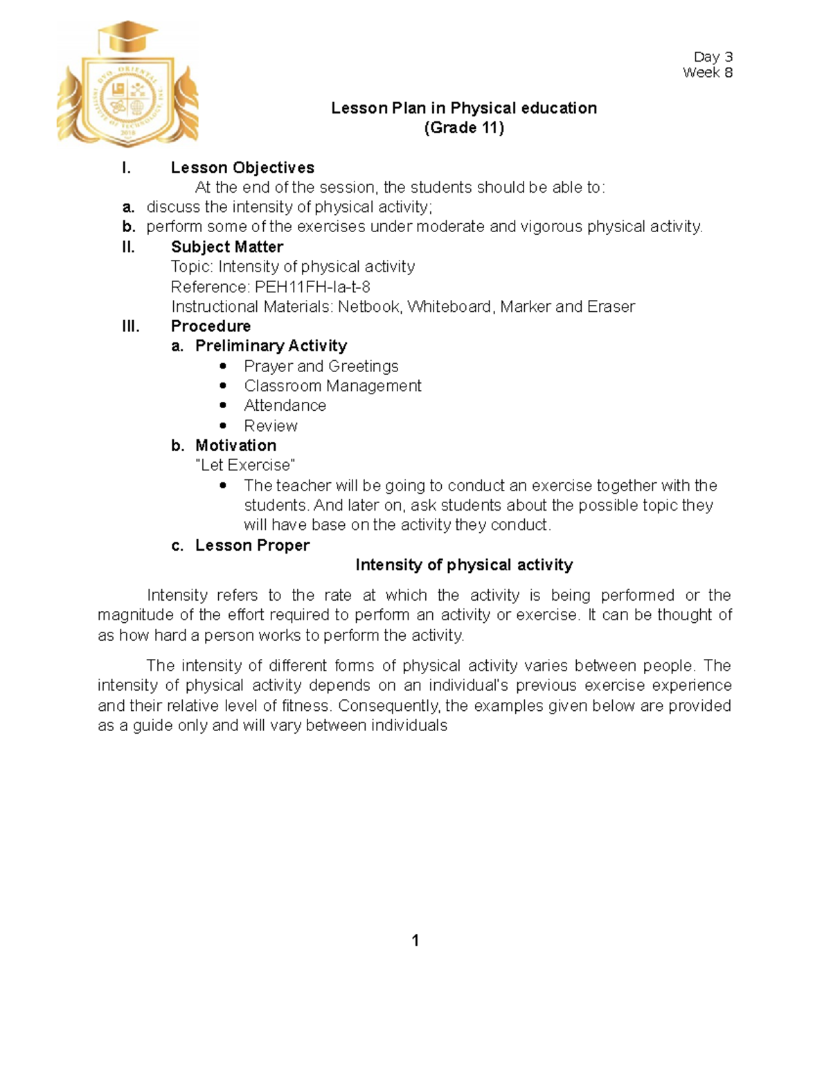 Day 3 Week 8 - LESSON PLAN - Day 3 Week 8 Lesson Plan in Physical ...