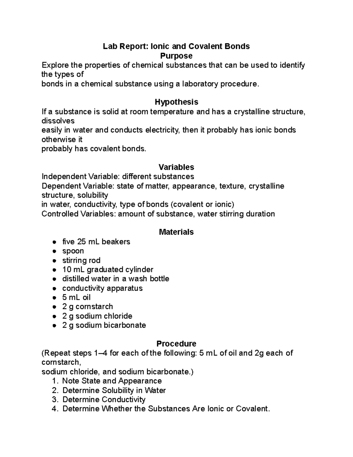 Lab Report Ionic and Covalent Bonds - Lab Report: Ionic and Covalent Bonds Purpose Explore the ...