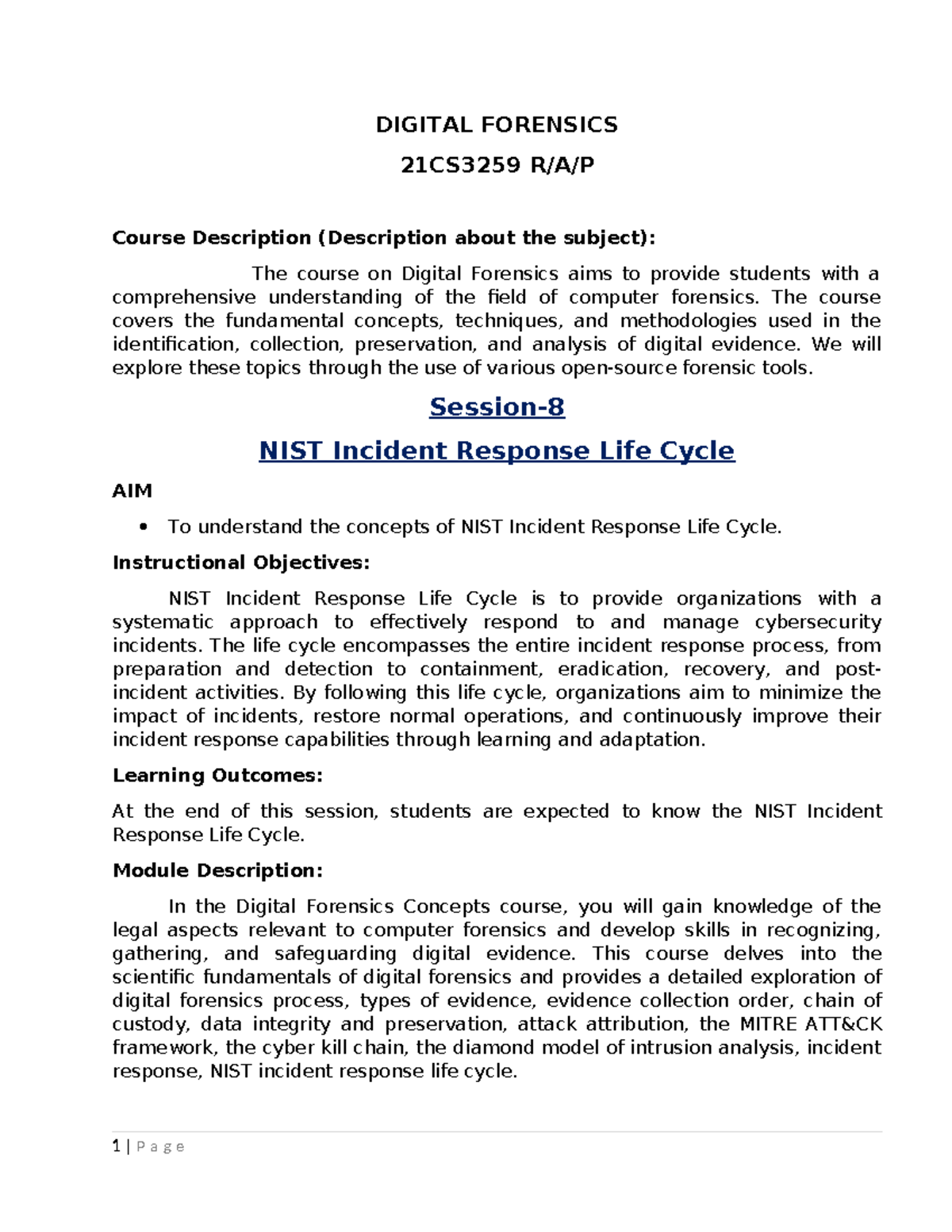 DF CO1 Session 8 - DF CO2 SLM7 - DIGITAL FORENSICS 21CS3259 R/A/P Course Description ...