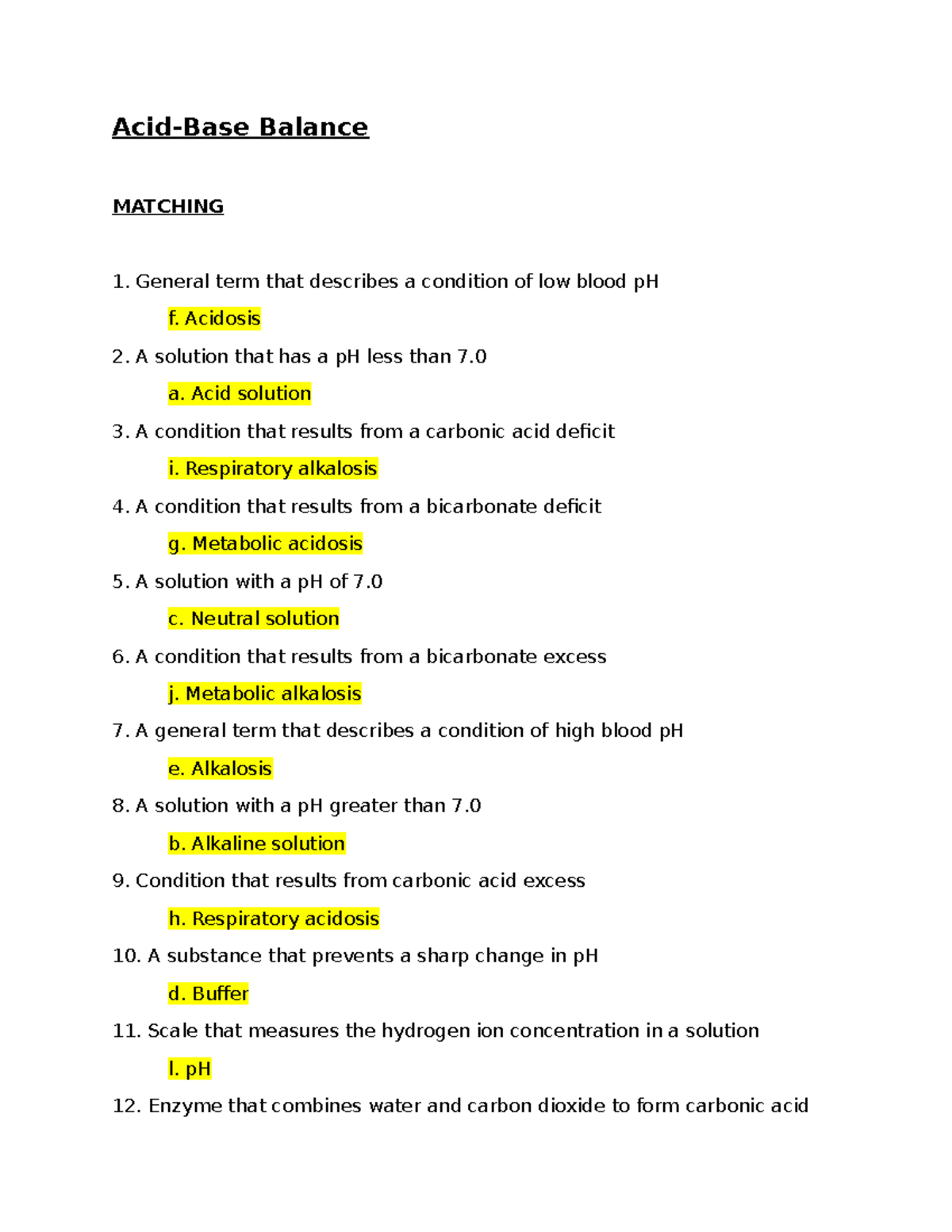 Chapter 20 Acid Based Balance - Acid-Base Balance MATCHING 1. General ...
