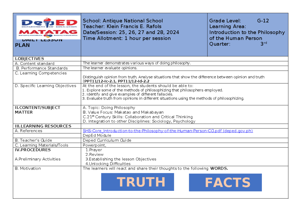 DLP-Philosophy-W3 - Philosophy Materials - DAILY LESSON PLAN School ...