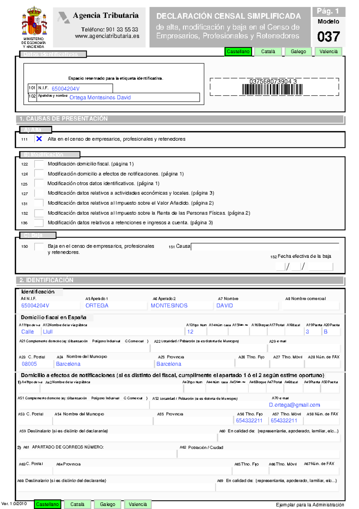 Modelo 037 hacienda - 65004204V Ortega Montesinos David 65004204V ...