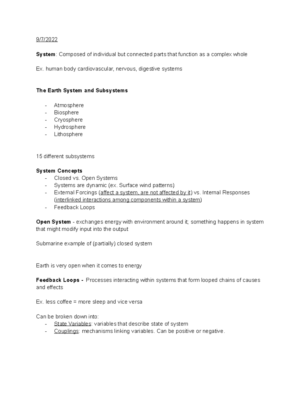 120 Notes - 9/7/ System: Composed of individual but connected parts ...