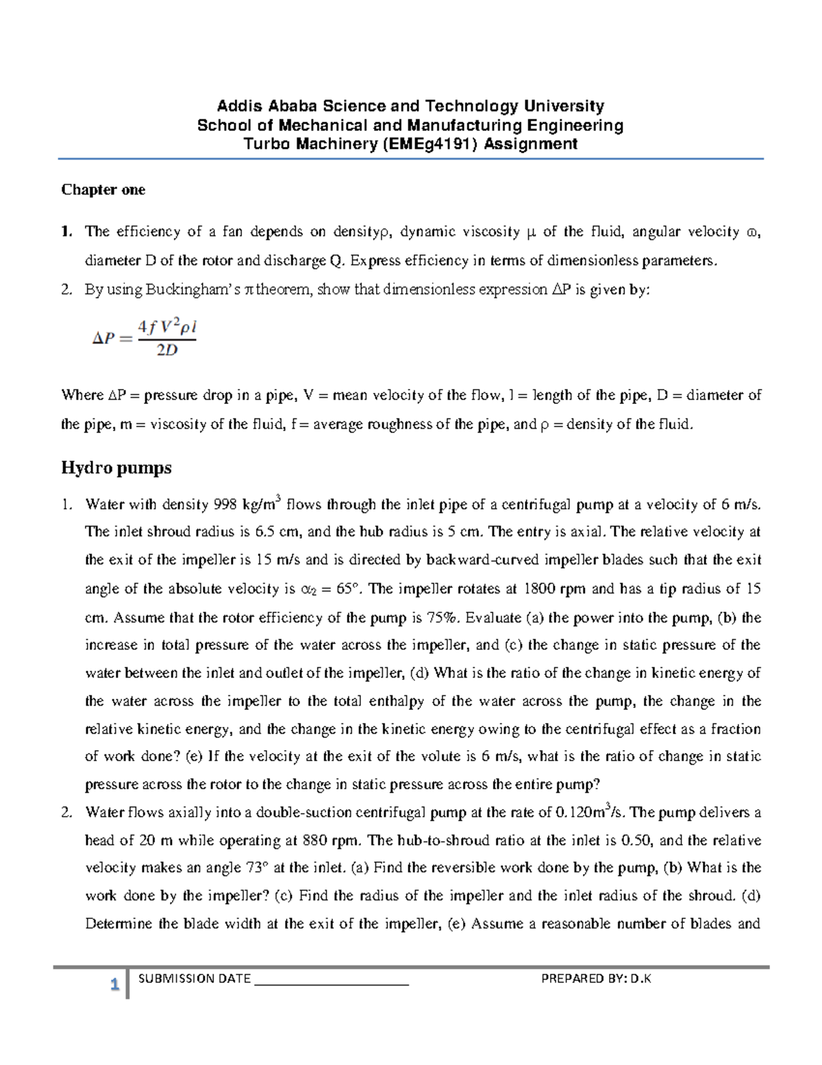 Assignment Turbo Machinery - Addis Ababa Science and Technology ...