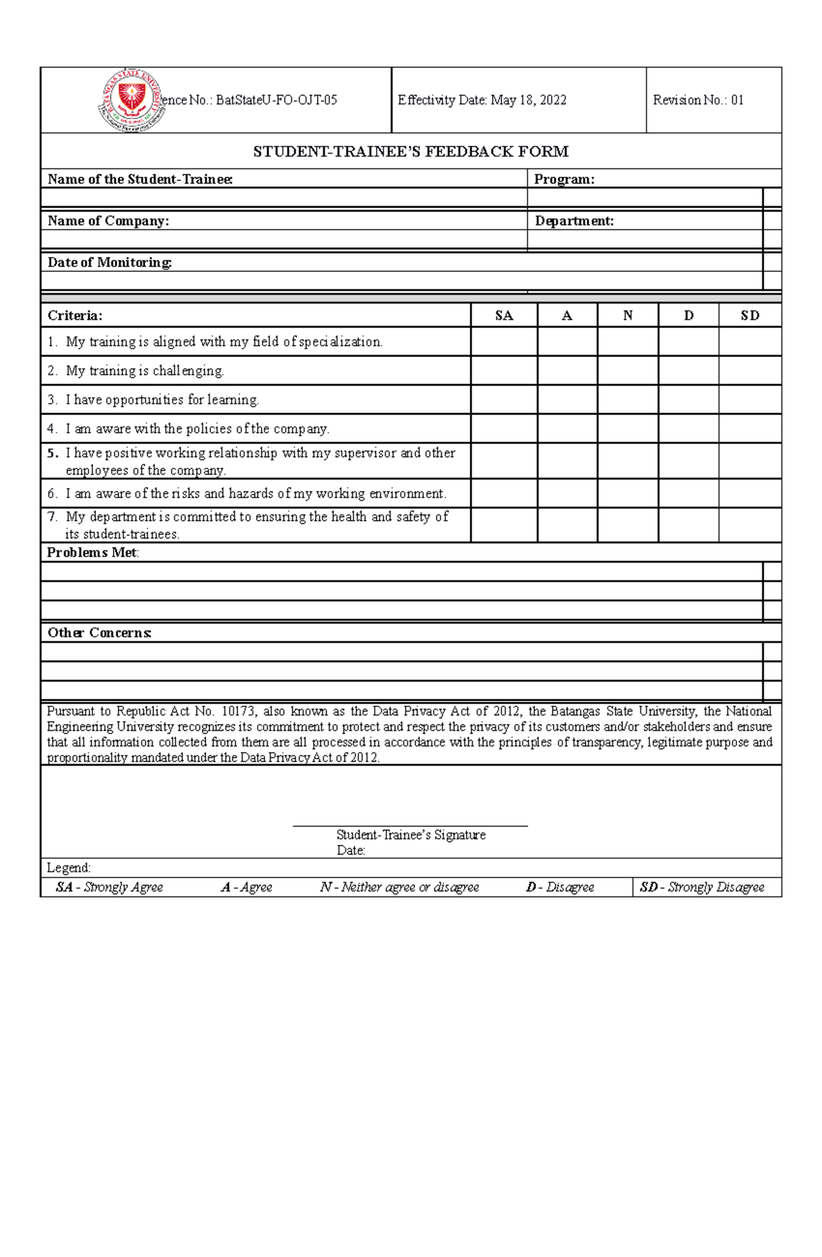 Bat State U-FO-OJT-05 Student Trainee's Feedback Form Rev. 01 - Reference No.: BatStateU-FO-OJT ...