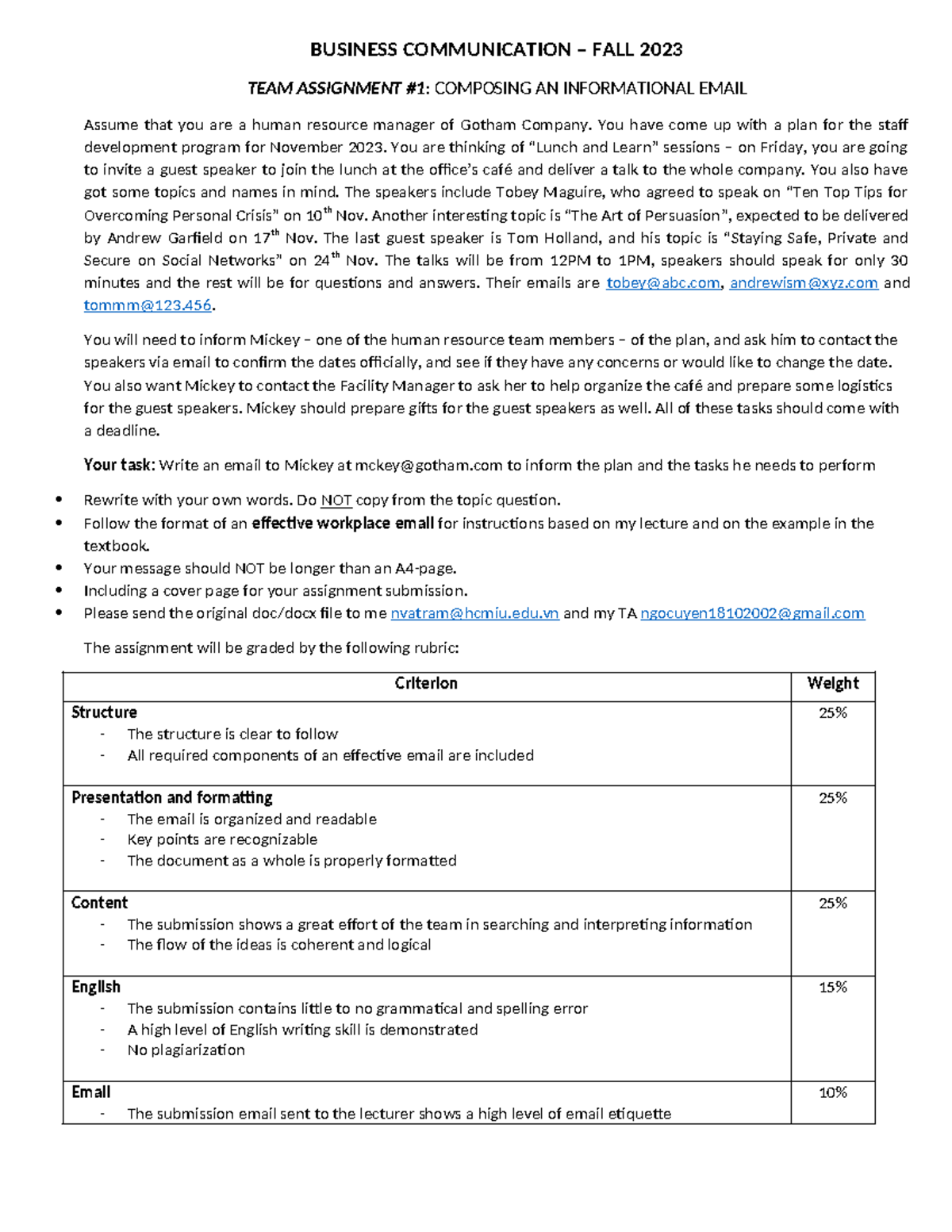 Team Assignment 1 - BUSINESS COMMUNICATION – FALL 2023 TEAM ASSIGNMENT ...