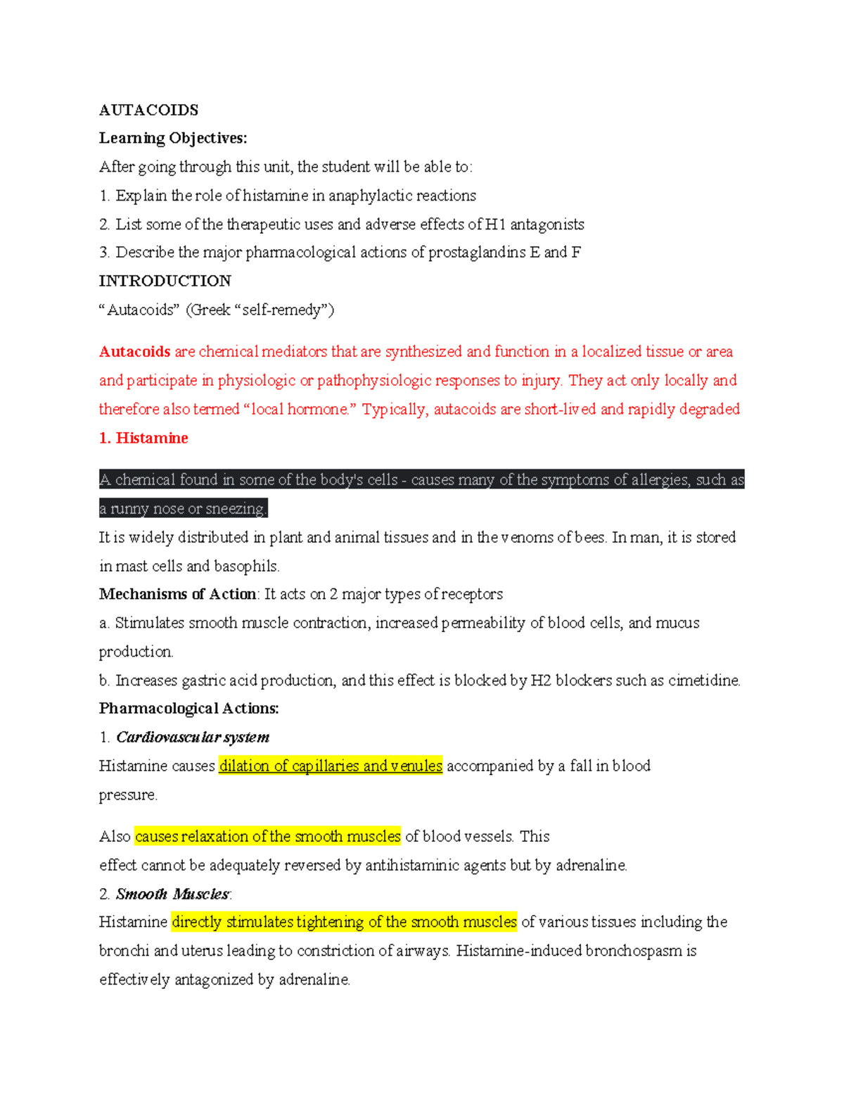 Autacoids - good summarized notes - AUTACOIDS Learning Objectives ...