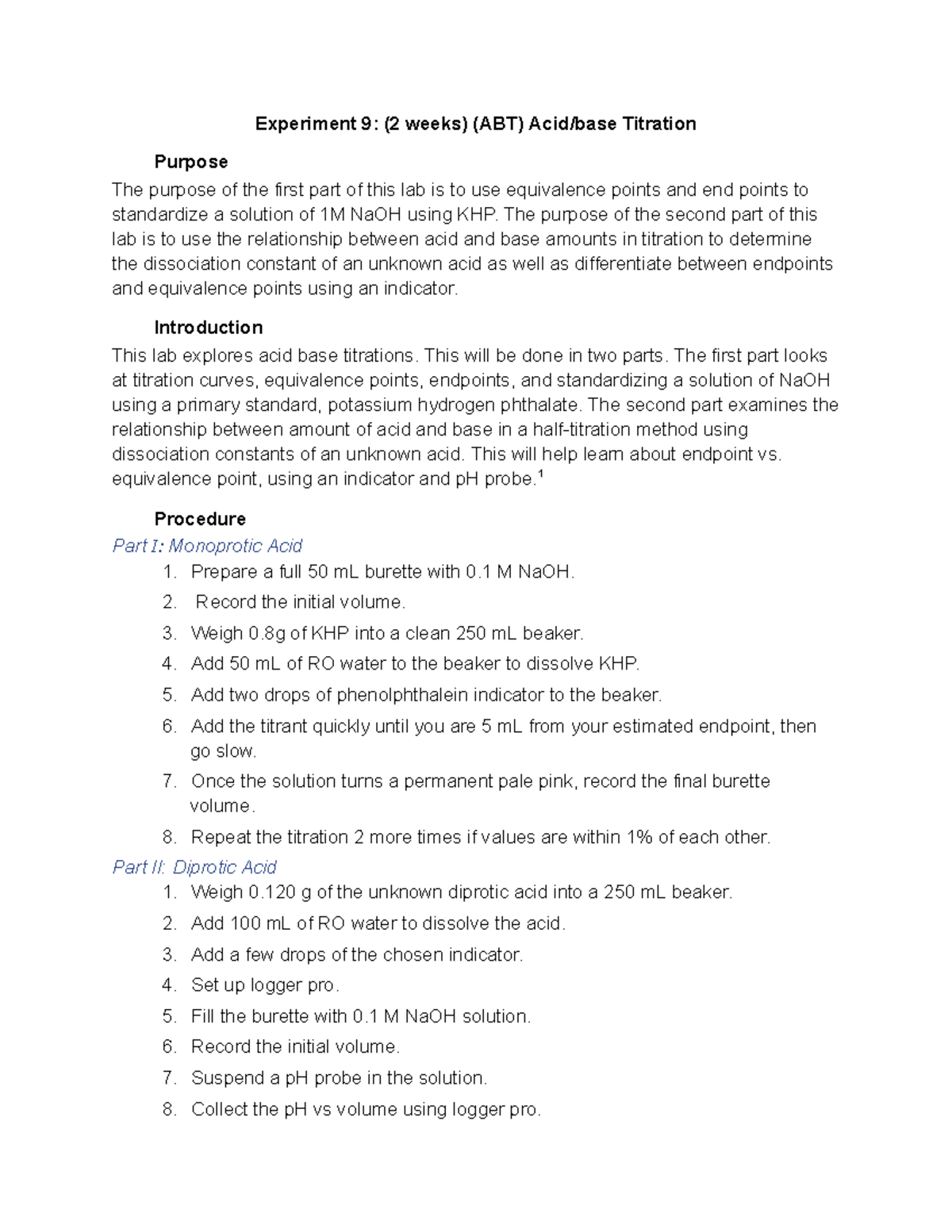 Experiment 9 (2 weeks) (ABT) Acid base Titration - Experiment 9: (2 ...