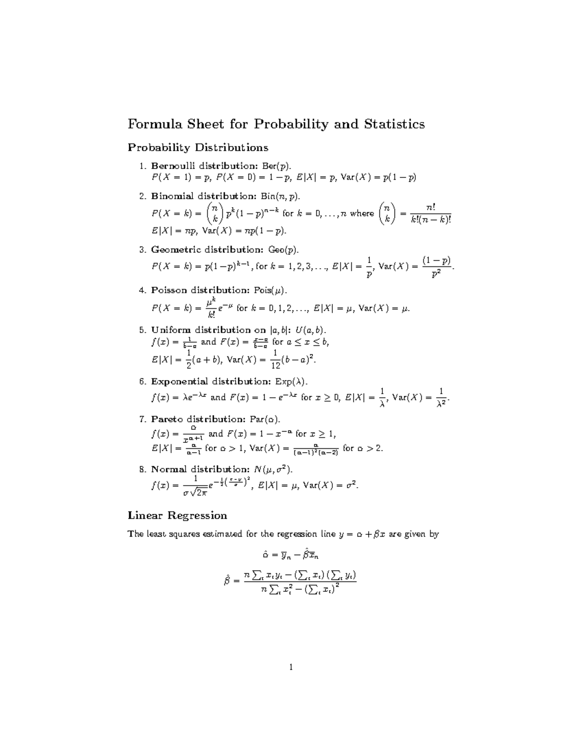 Formula sheet PS - Formula Sheet for Probability and Statistics ...