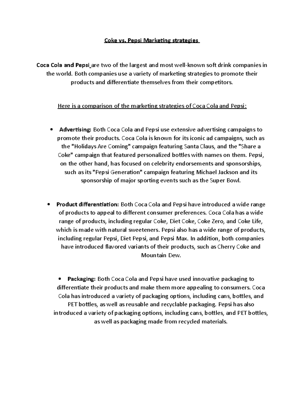 Document 89 - Coke vs. Pepsi Marketing Strategies - Coke vs. Pepsi ...