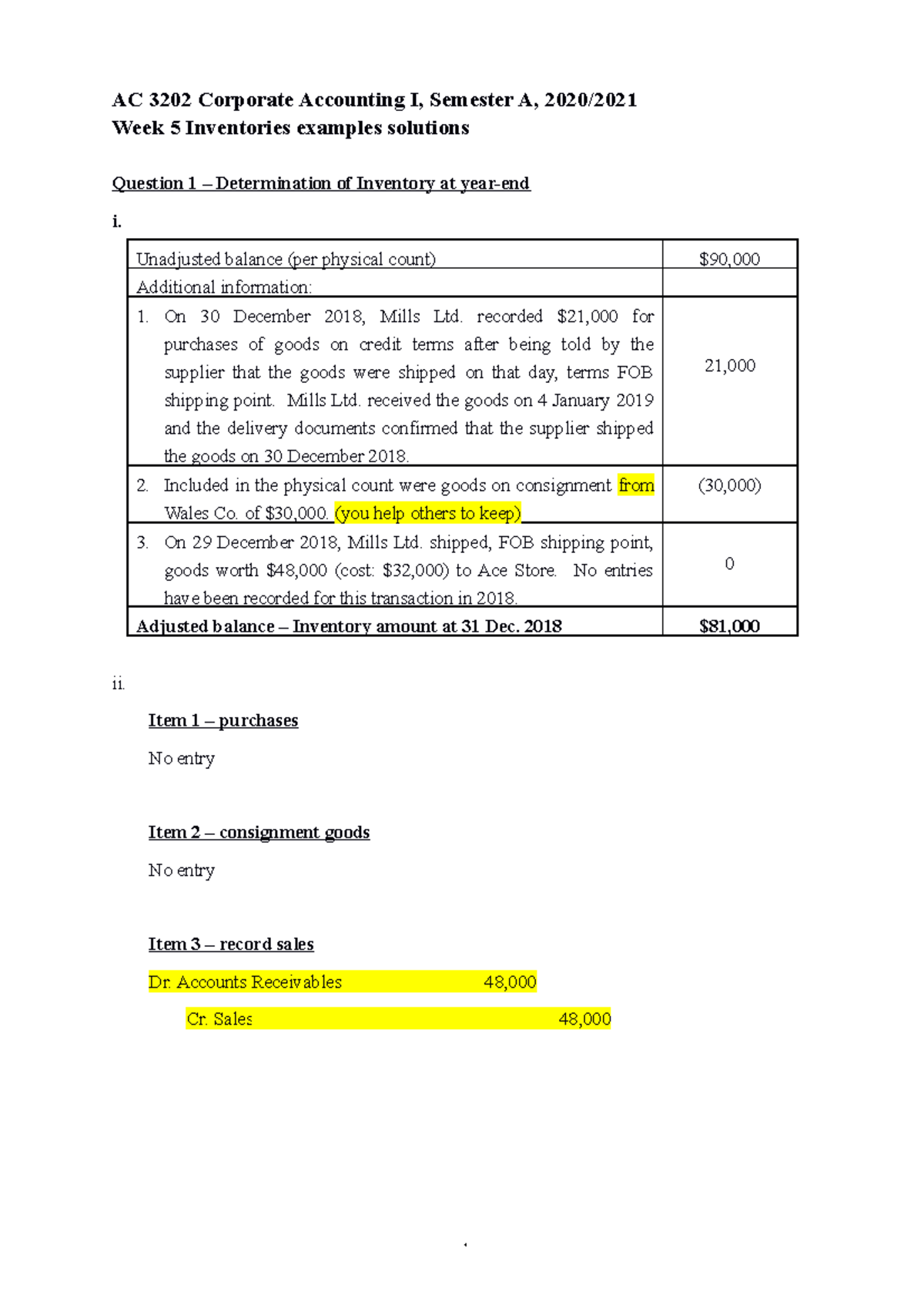 Week 5 Examples Solutions - AC 3202 Corporate Accounting I, Semester A ...