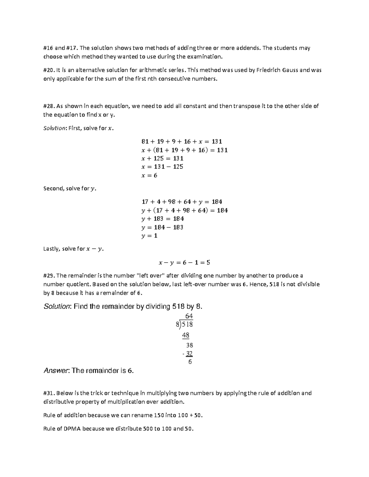 Explanation in some items in Math - #16 and #17. The solution shows two ...