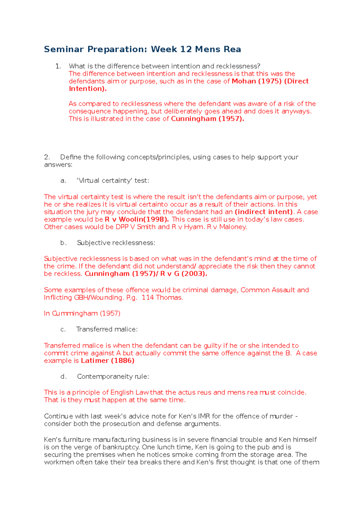 Seminar Preparation WEEK 12 MR - Seminar Preparation: Week 12 Mens Rea ...