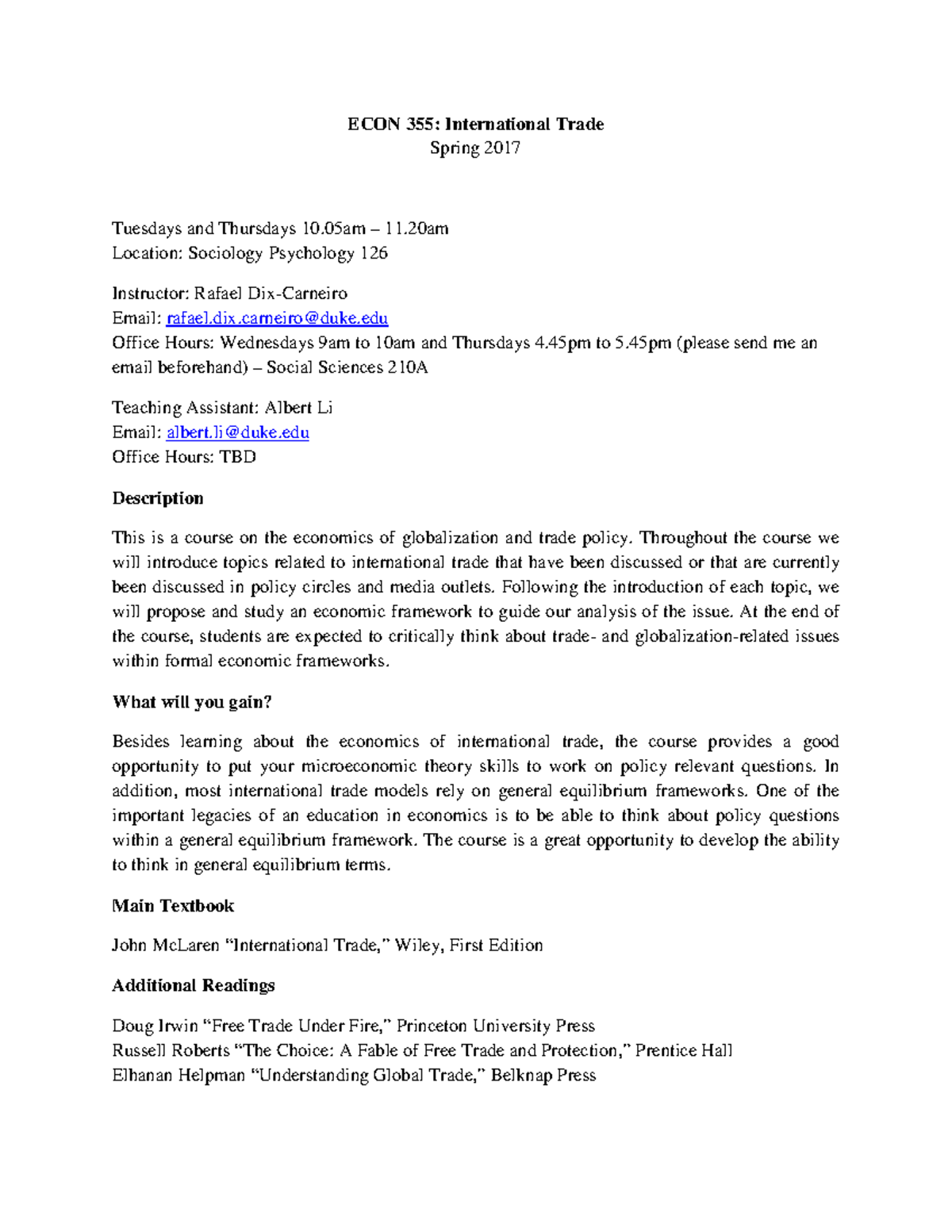 ECON 355- International Trade - ECON 355: International Trade Spring ...