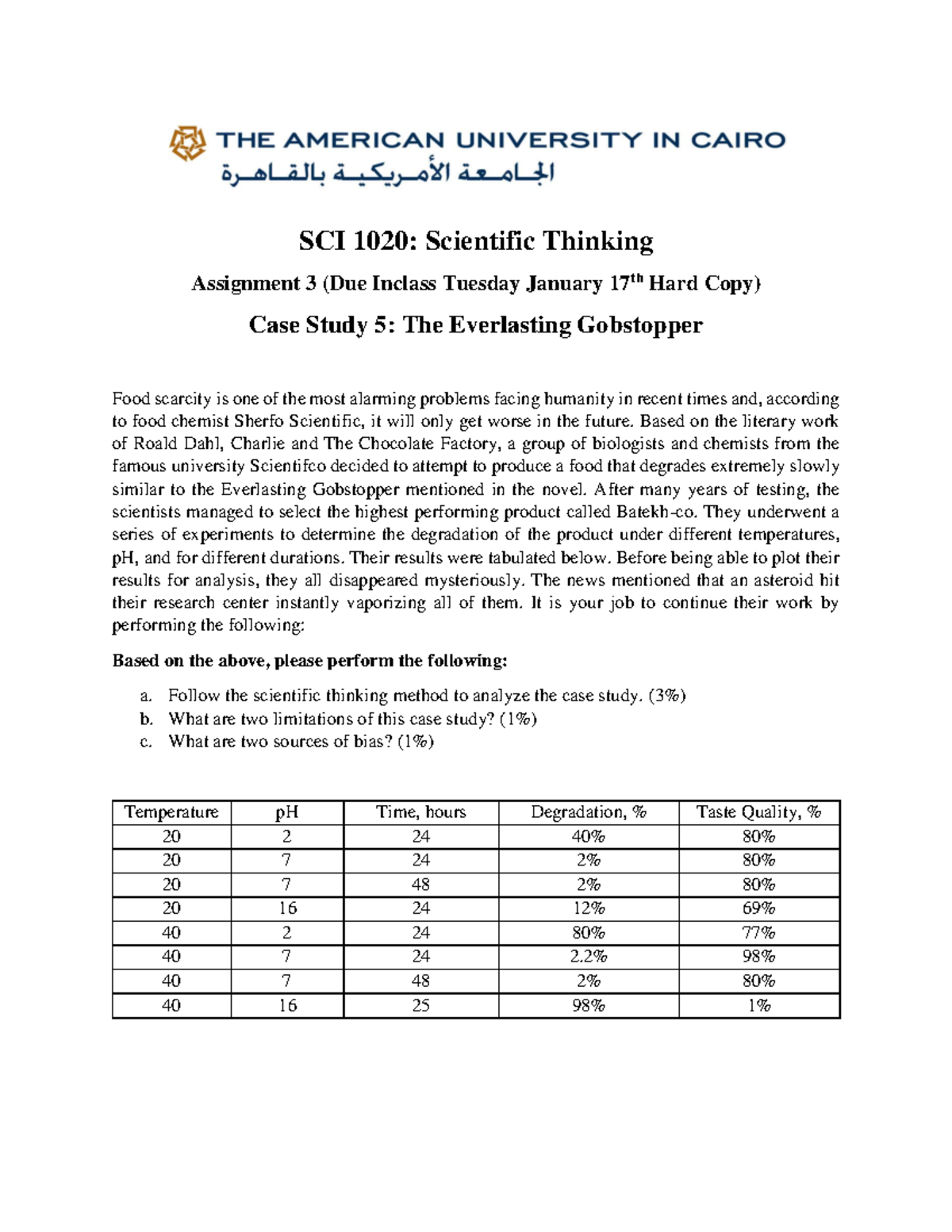 Assignment 3 - SCI 1020: Scientific Thinking Assignment 3 (Due Inclass ...