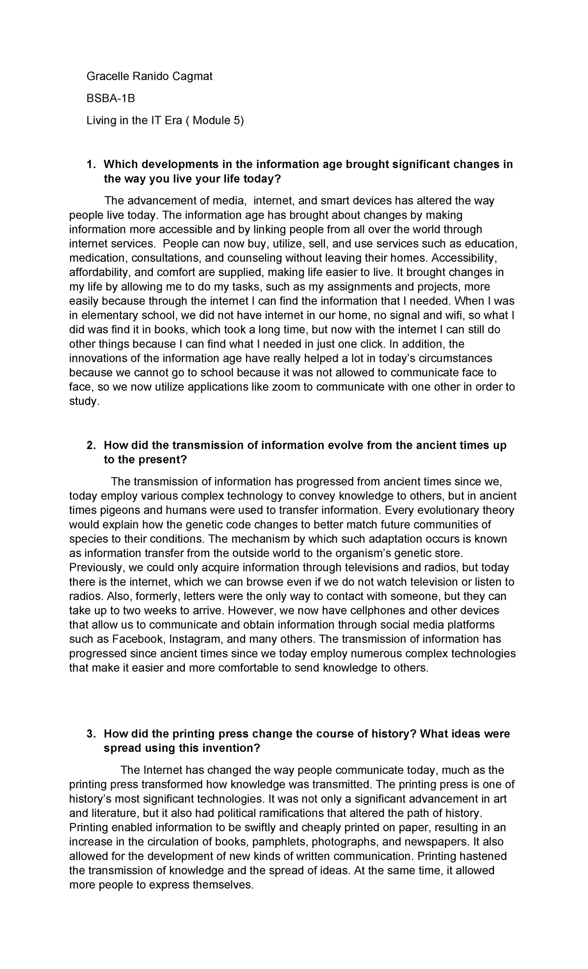 IT ERA ( Module 5) - Gracelle Ranido Cagmat BSBA-1B Living in the IT ...