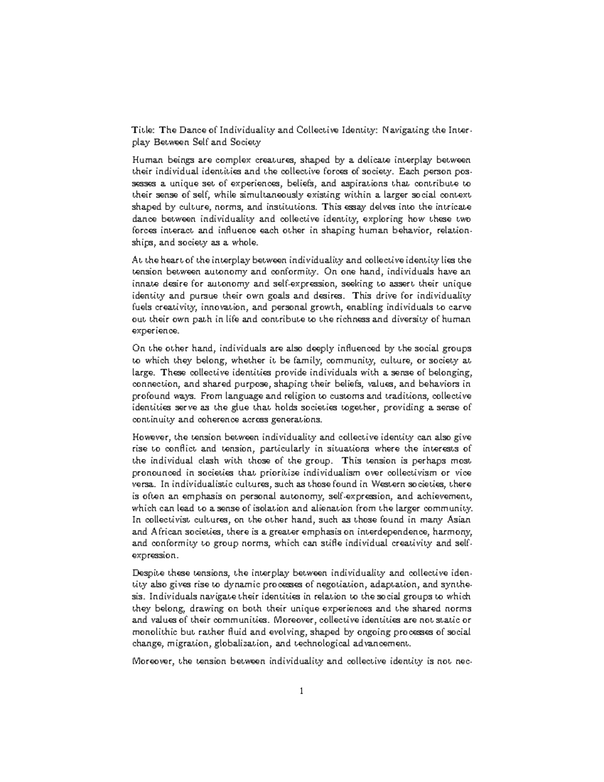 The Dance of Individuality and Collective Identity Navigating the Interplay Between Self and ...