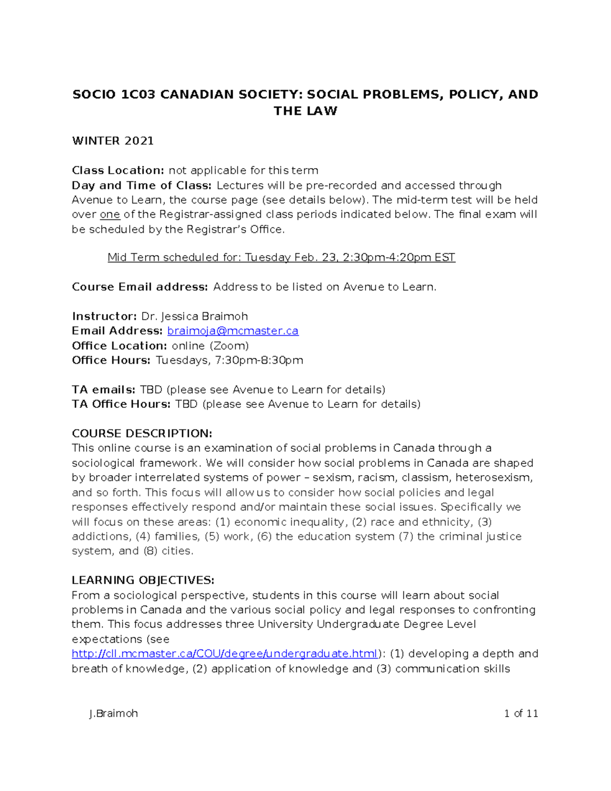 Sociol 1C03, Winter 2021, J. Braimoh - SOCIO 1C03 CANADIAN SOCIETY ...