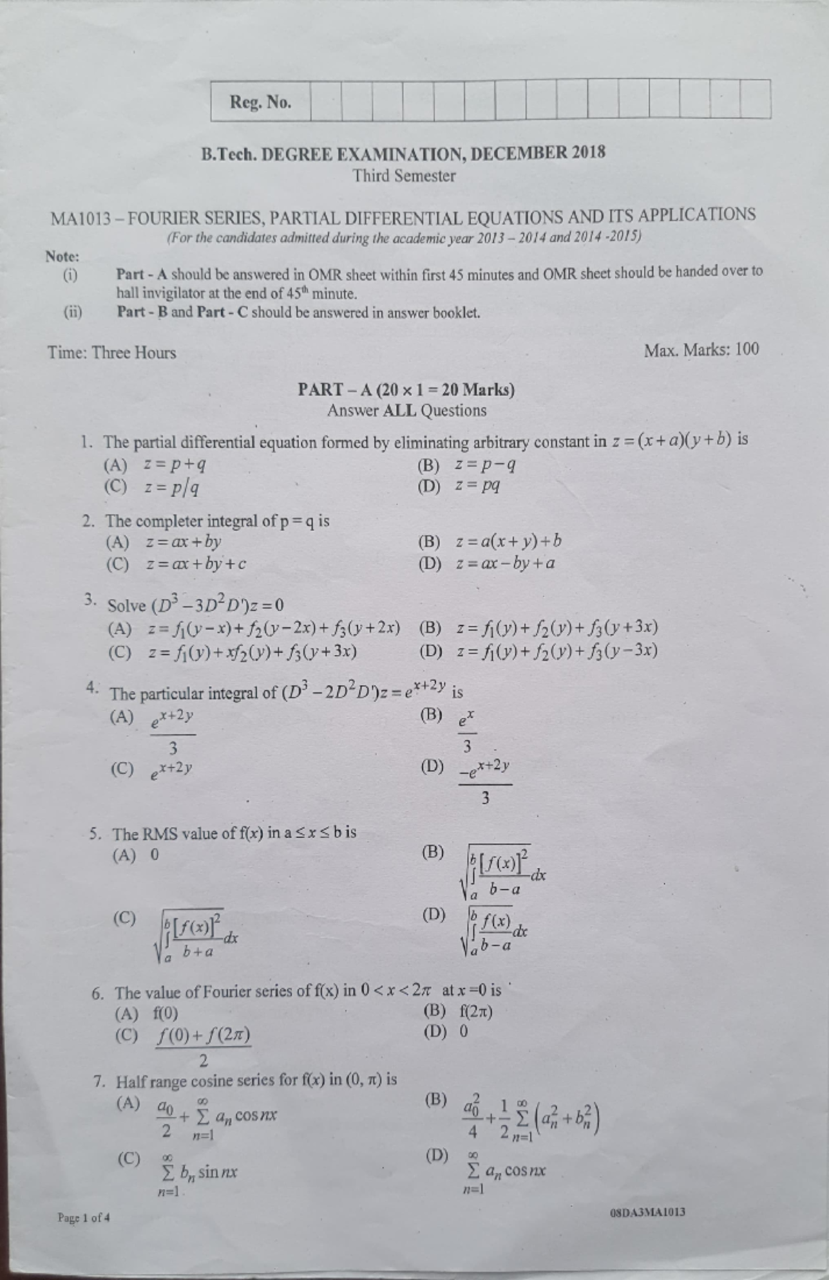 Maths Prev Yr Sem-3 - prev year paper - Reg. No. B. DEGREE EXAMINATION, DECEMBER 2018 Third ...