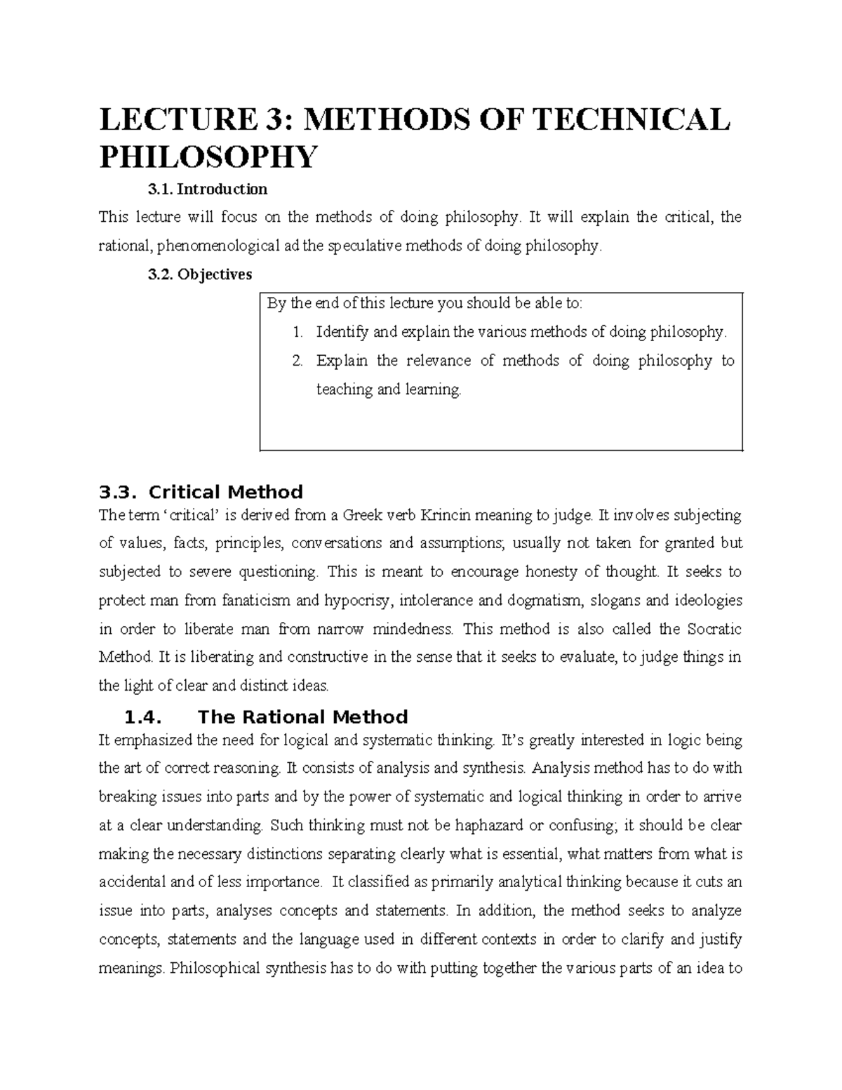 EDF 121 LECTURE3 - LECTURE 3: METHODS OF TECHNICAL PHILOSOPHY 3 ...