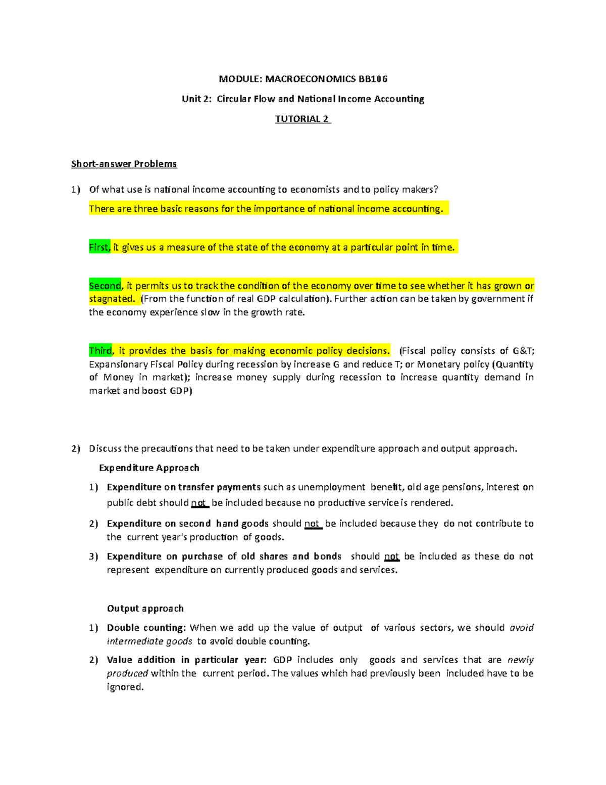 T2 L - answer - MODULE: MACROECONOMICS BB Unit 2: Circular Flow and ...