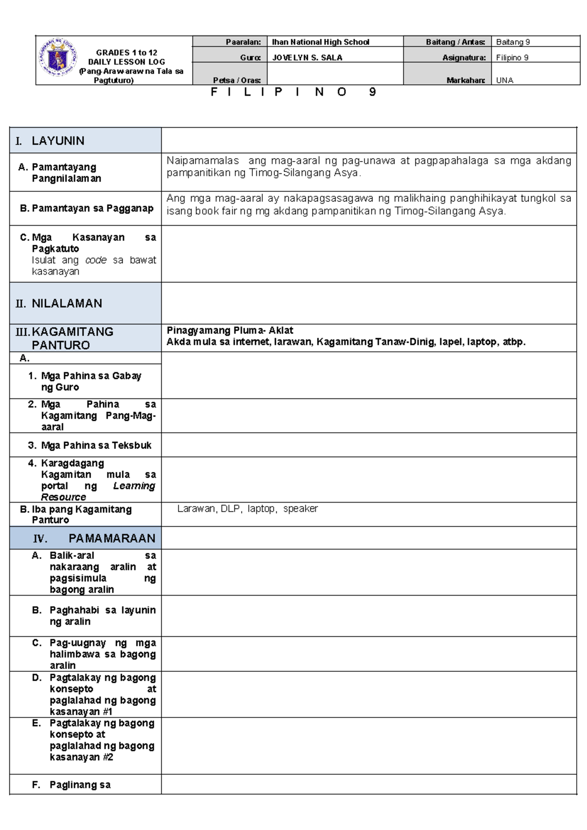 Daily Lesson Plan - GRADES 1 to 12 DAILY LESSON LOG (Pang-Araw-araw na Tala sa Pagtuturo ...