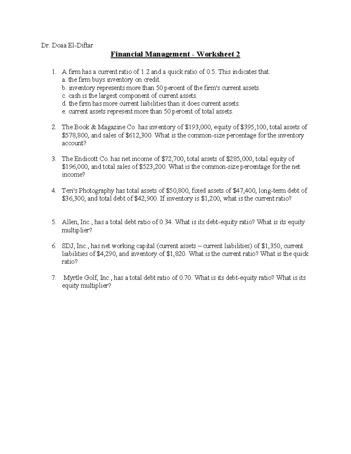 Worksheet 2 fm - hjl - Dr. Doaa El-Diftar Financial Management ...