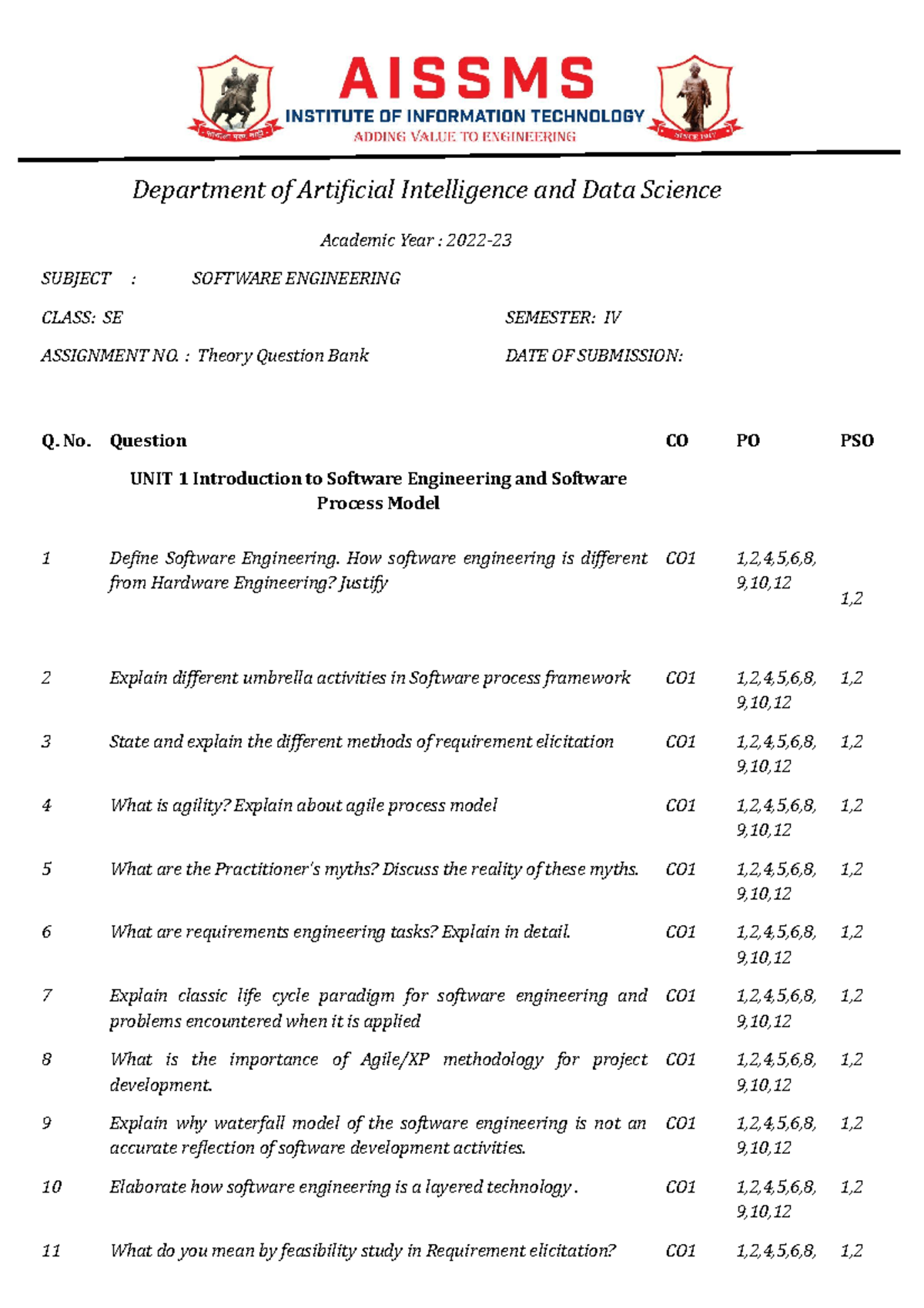 SE Theory Que Bank(CO-PO-PSO) format - Department of Artificial Intelligence and Data Science ...