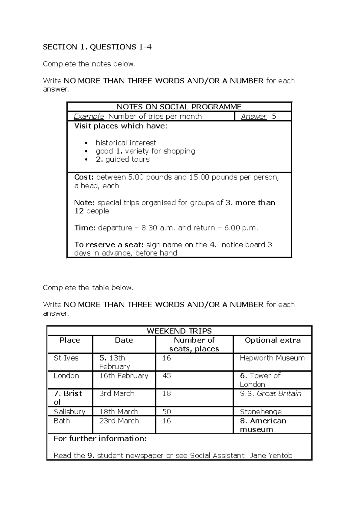 Ielts Up Listening Test 7 - SECTION 1. QUESTIONS 1- Complete the notes ...