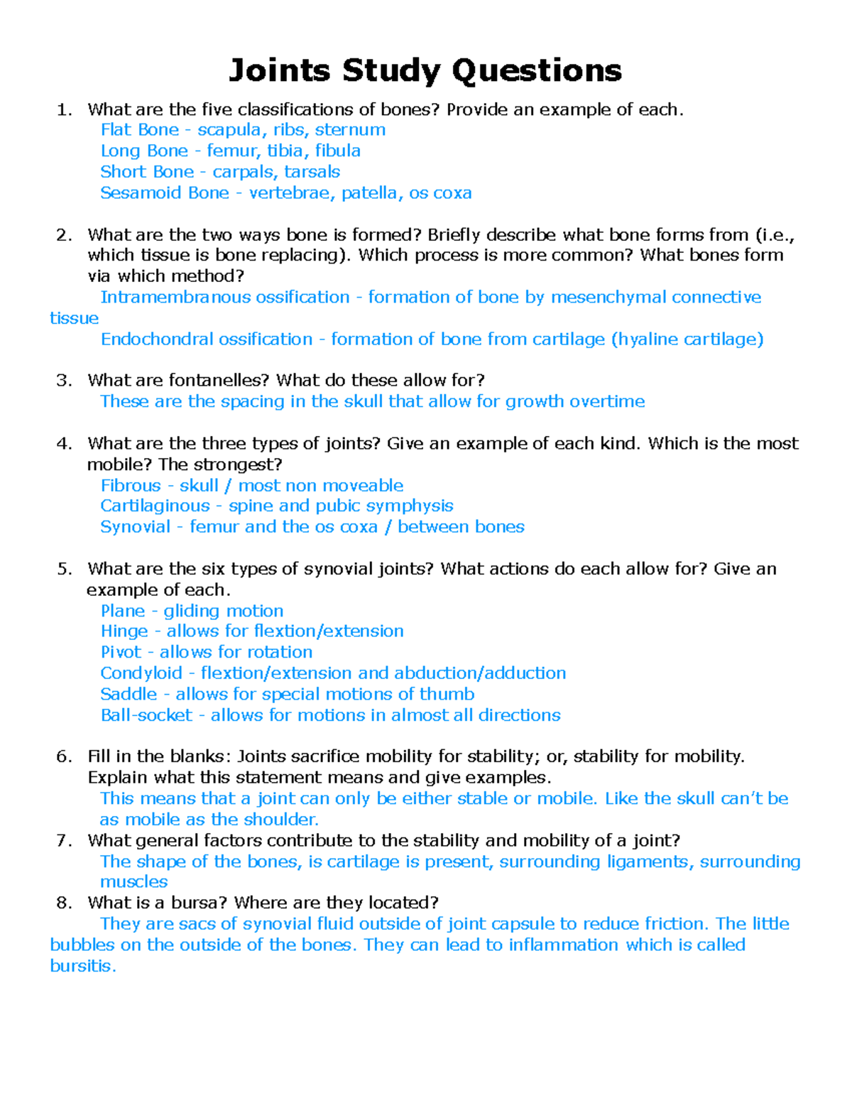 Joints Study Guide Joints Study Questions What Are The Five 