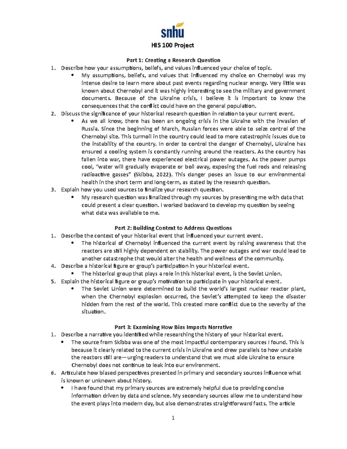 HIS 100 Project Week 7 - HIS 100 Project Part 1: Creating a Research ...