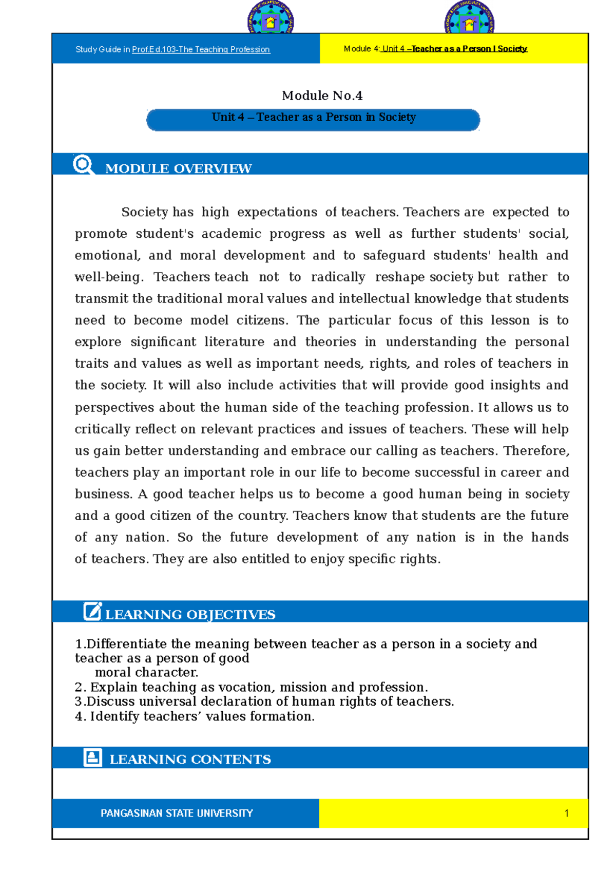 Module 4 the teaching profession 1 - Module No. MODULE OVERVIEW Society ...
