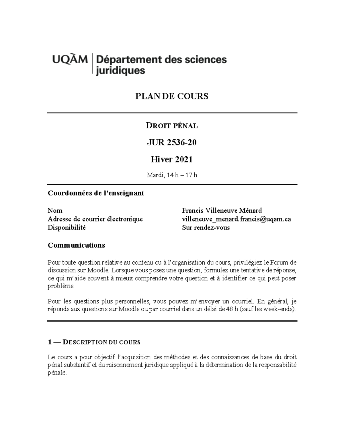 Plan de cours - JUR2536 - PLAN DE COURS DROIT PÉNAL JUR 253 6- Hiver ...