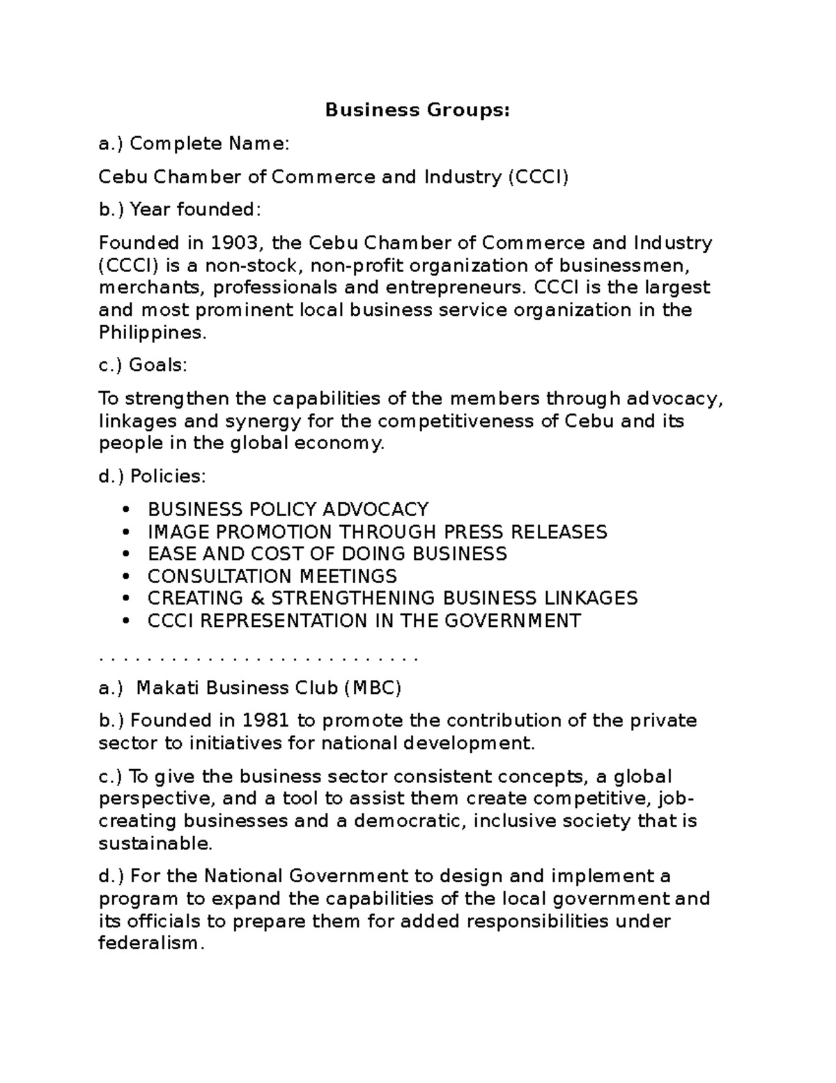 Interest Groups - Business Groups: a.) Complete Name: Cebu Chamber of ...