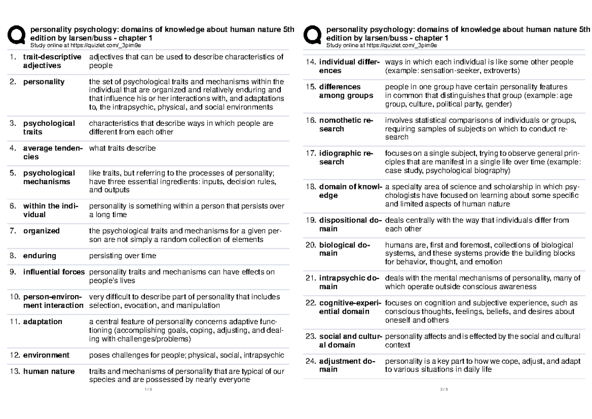 Chapter 1 flashcards - personality psychology: domains of knowledge ...