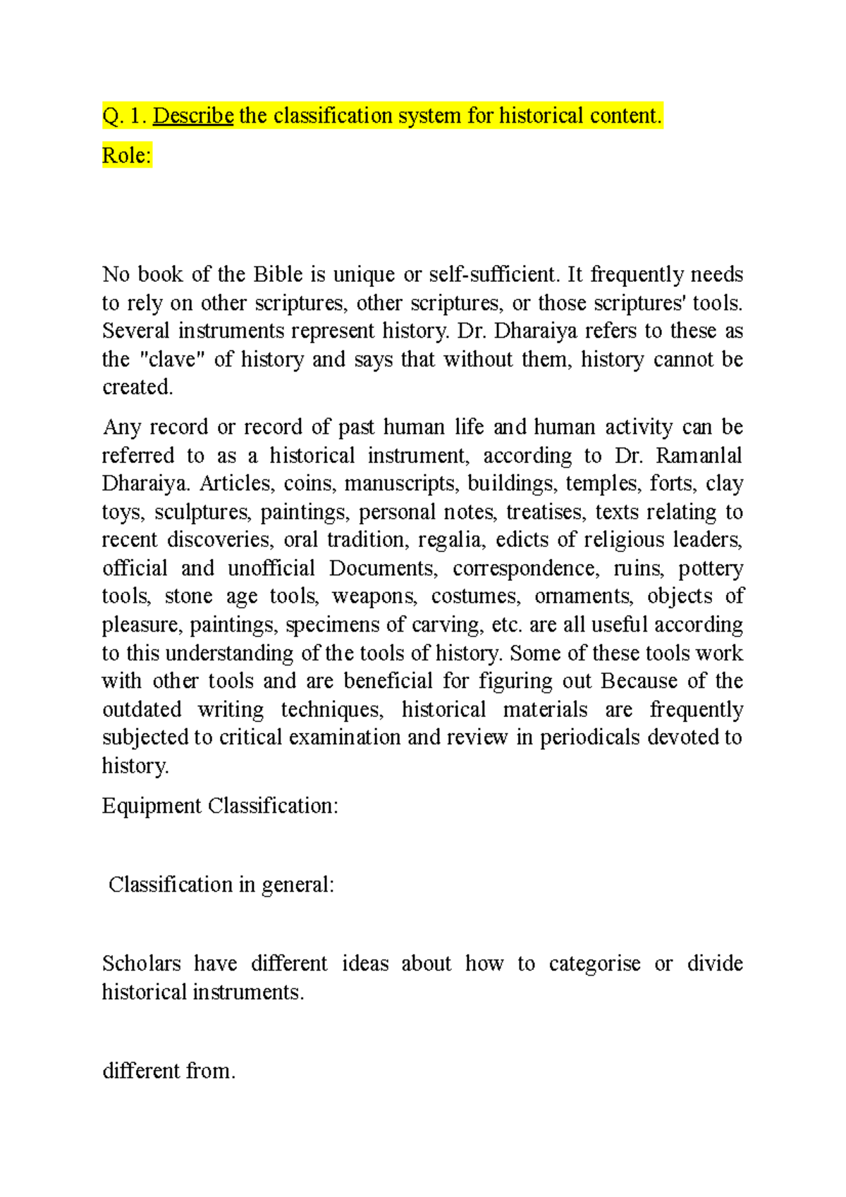 Describe the classification system for historical content - Q. 1 ...