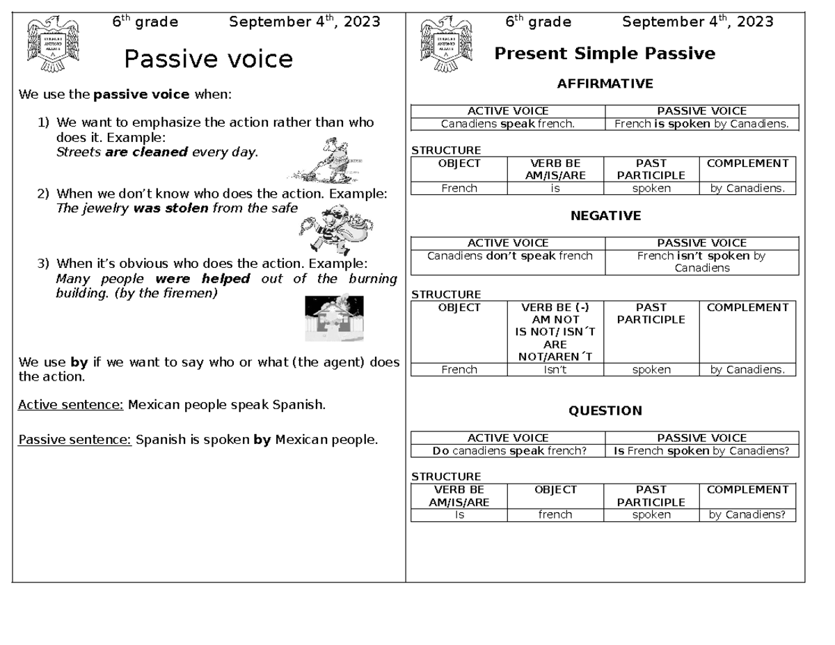 passive voice and excercises - 6 grade September 4 , 2023 Passive voice ...