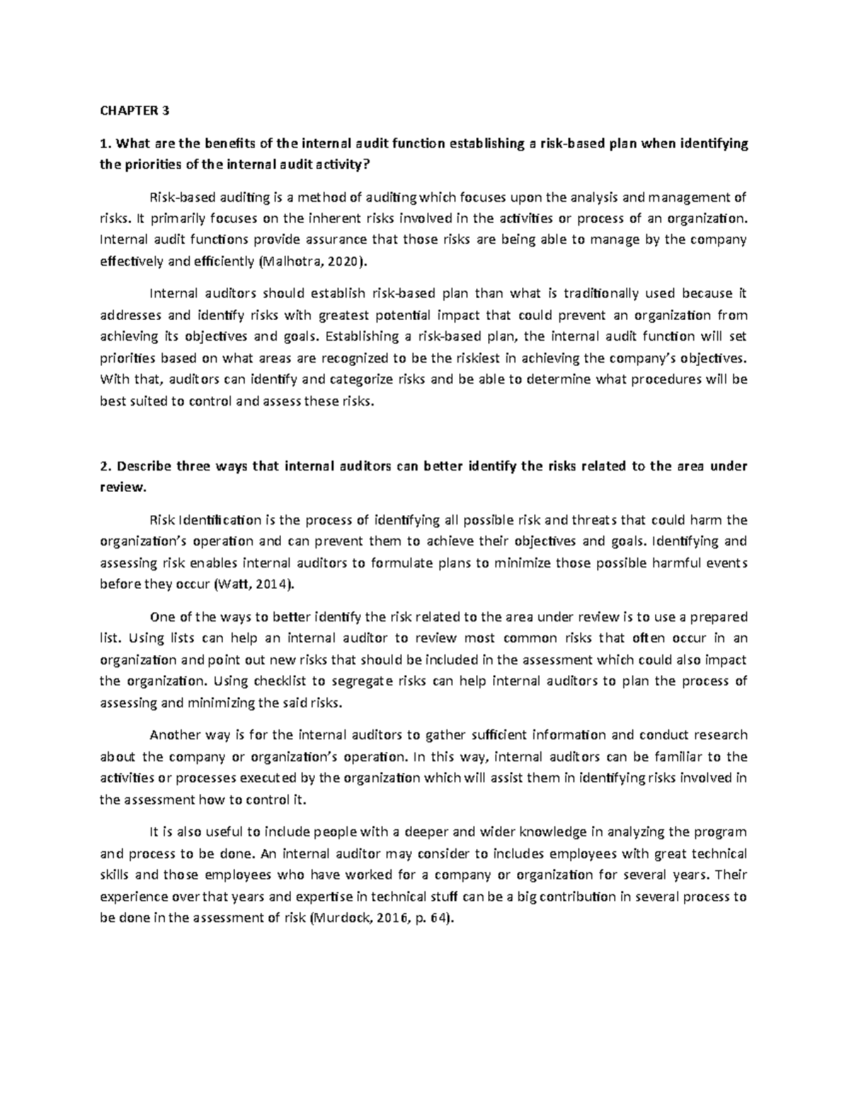 Pdfcoffee - None - CHAPTER 3 What are the bene昀椀ts of the internal audit func琀椀on establishing a ...