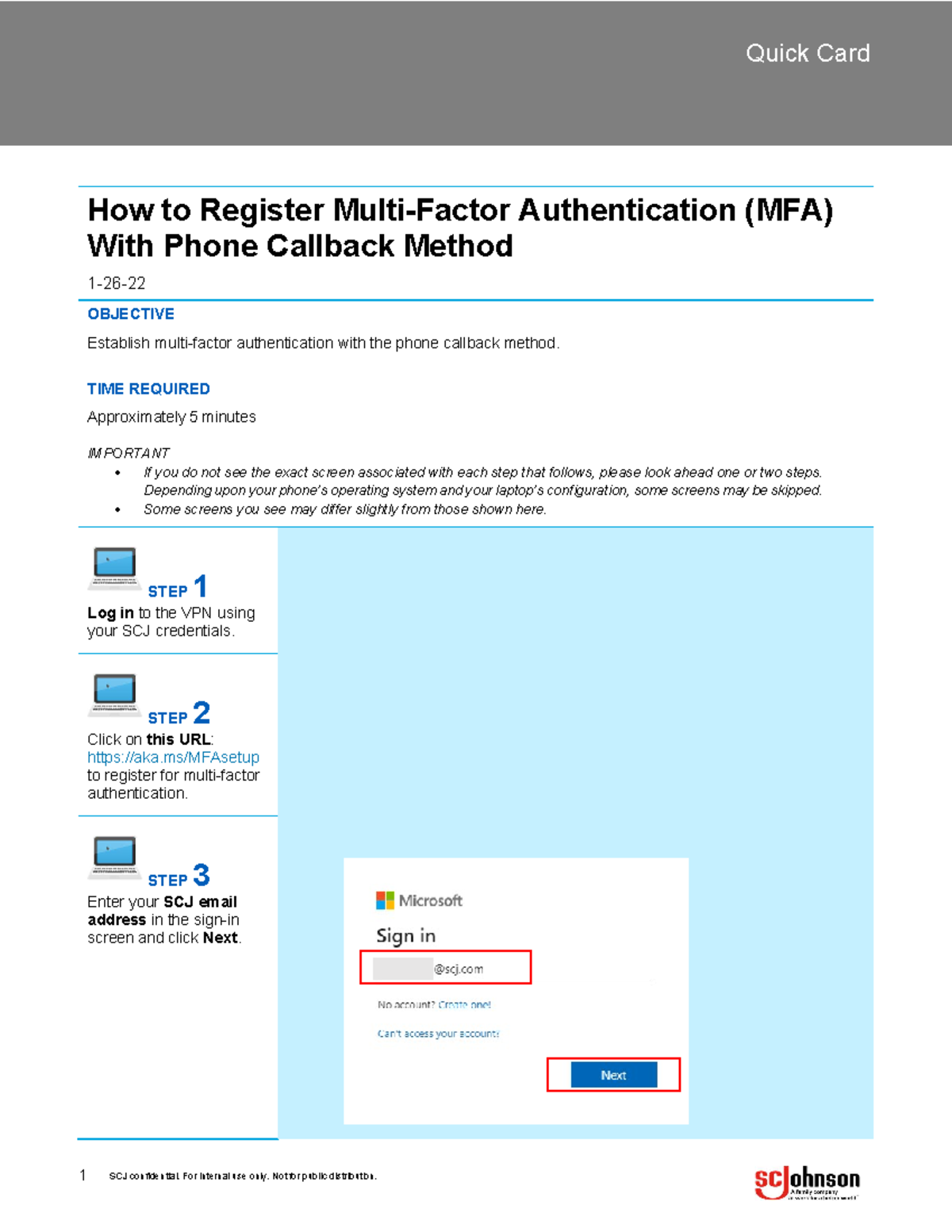 How to Register MFA-Callback Method - 1 SCJ confidential. For internal ...