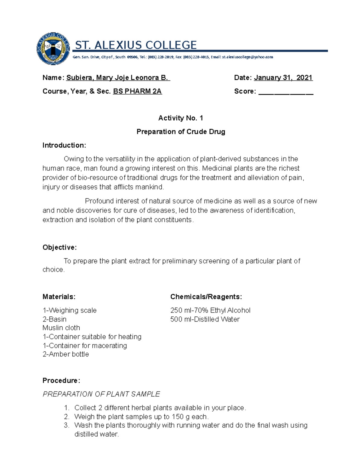 Activity No. 1- Preparation of Crude Drugs - 3 ST. ALEXIUS COLLEGE Name ...
