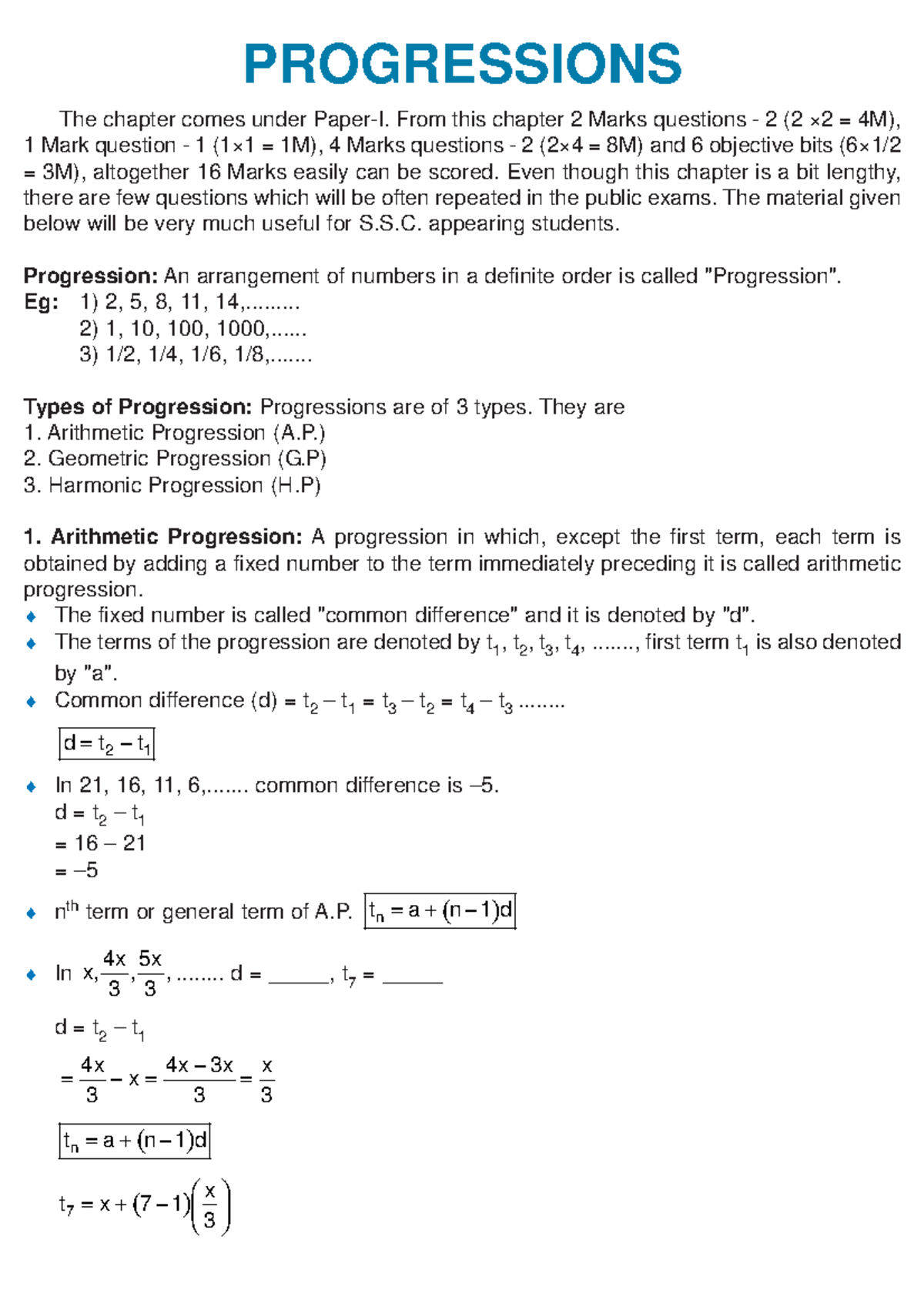 maths Progressions - The chapter comes under Paper-I. From this chapter ...