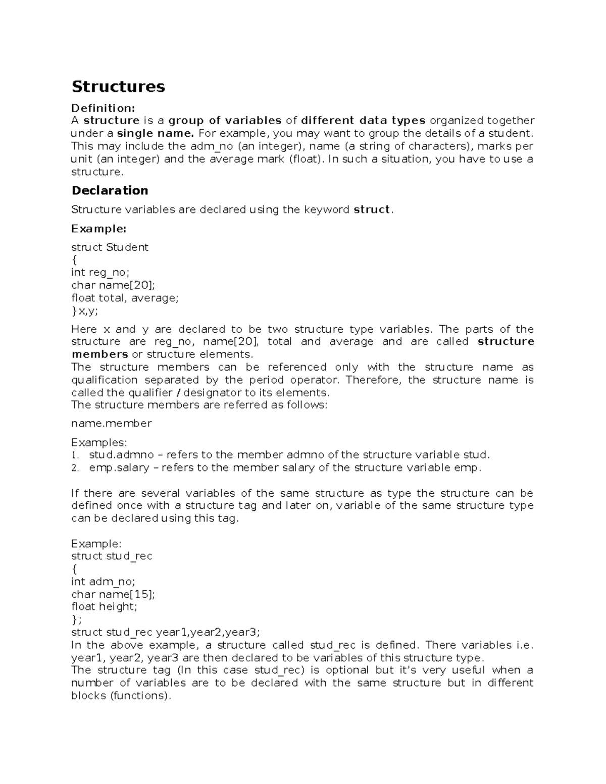 C Structures and Software Testing - Structures Definition: A structure ...