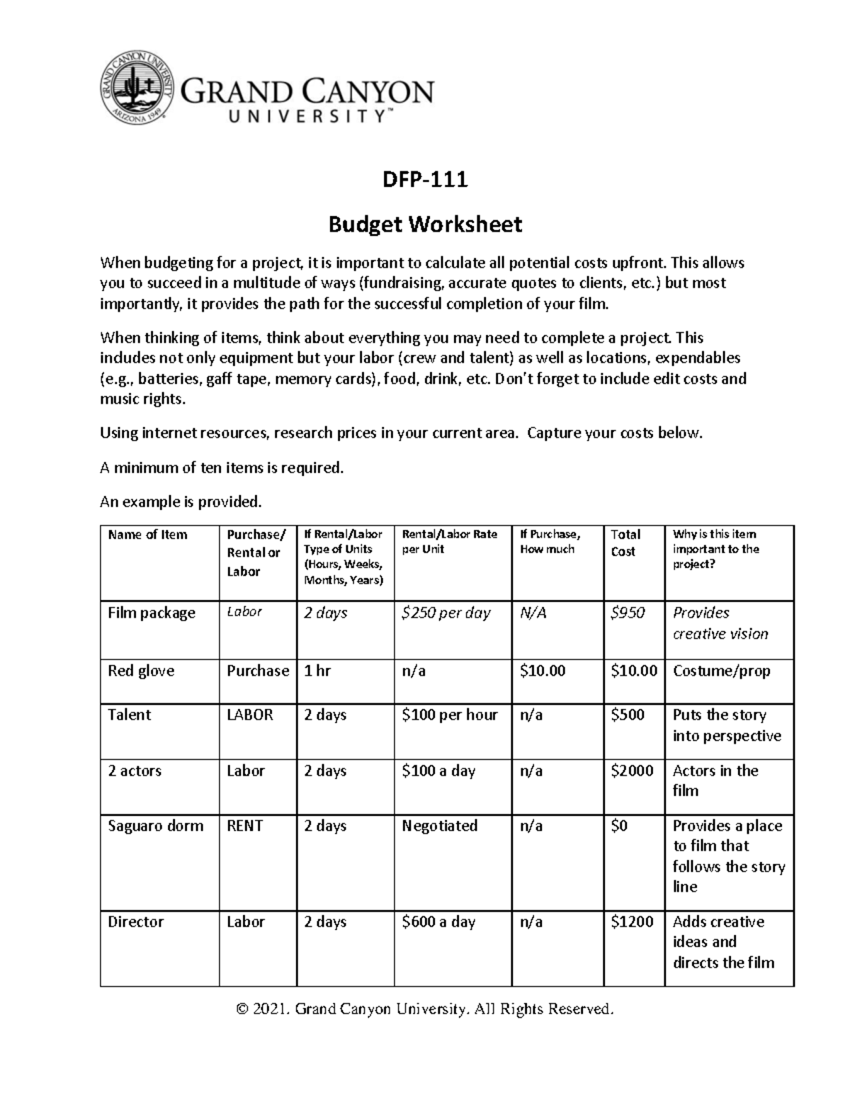 DFP-111-RS-Budget Worksheet - © 2021. Grand Canyon University. All ...