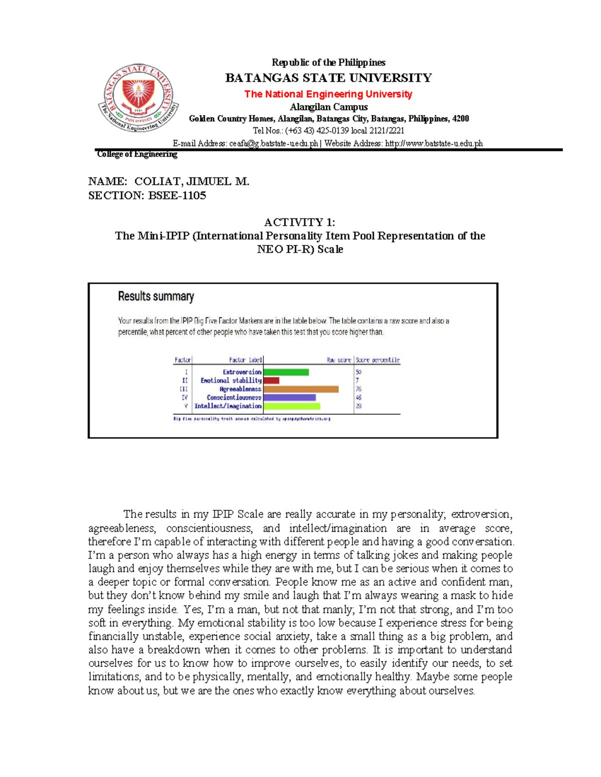 Activity 1 UTS IPIP Scale - Republic of the Philippines BATANGAS STATE ...