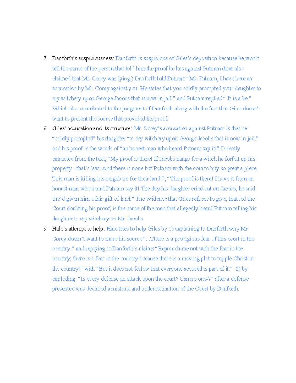 Characters' suspicions and accusations - Crucible Act 3 - - Studocu