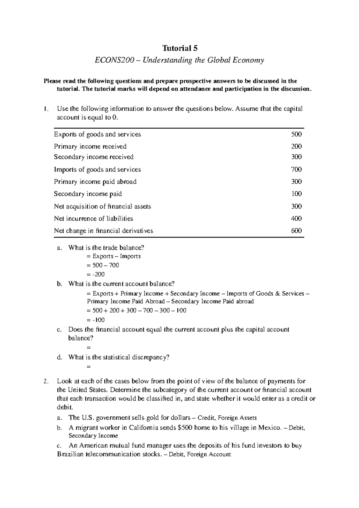 Tutorial 5 - ECONS200 - Tutorial 5 ECONS200 – Understanding the Global ...